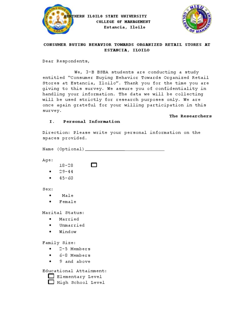Questionnaire Consumer Buying Behavior Towards Organized Retail Stores ... Questionnaire Consumer Buying Behavior Towards Organized Retail Stores ...