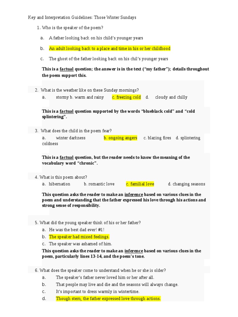 Analysis Guide for "Those Winter Sundays" | PDF | Reading Comprehension ...