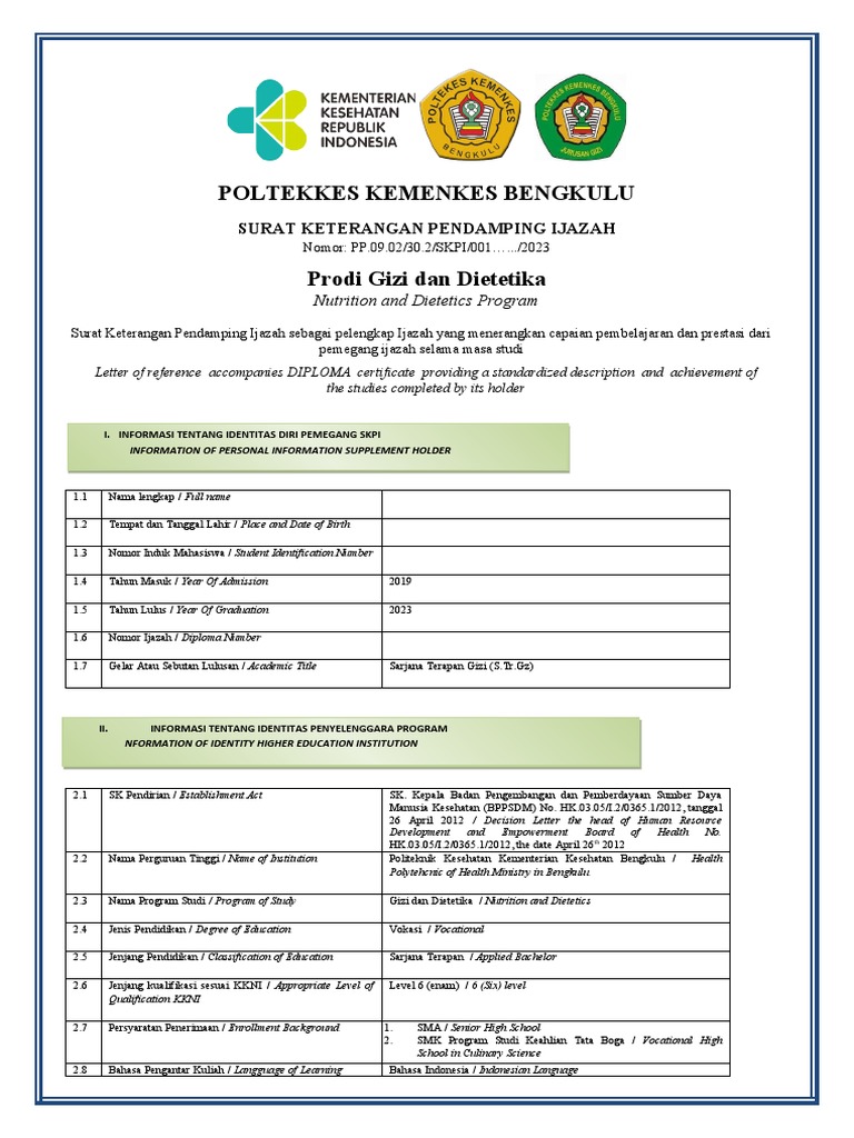 SKPI Program Gizi dan Dietetika 2023 | PDF