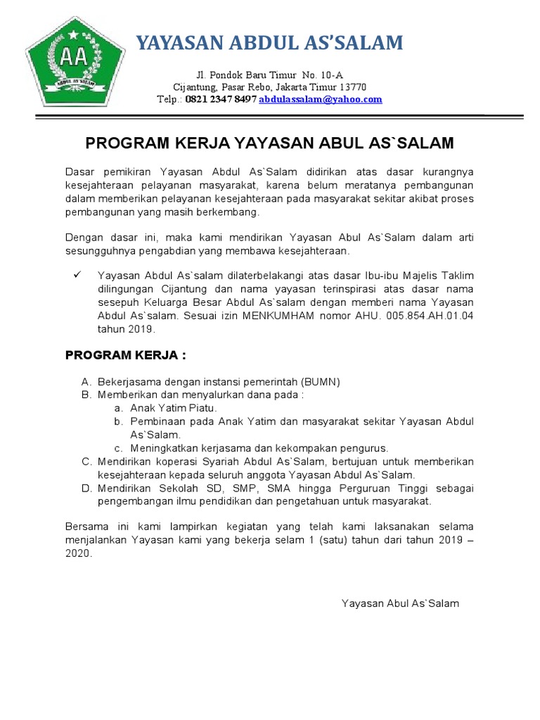 Program Kerja Yayasan Abdul Assalam | PDF
