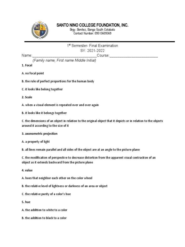 Prelim Exam | PDF | Color | Mirror