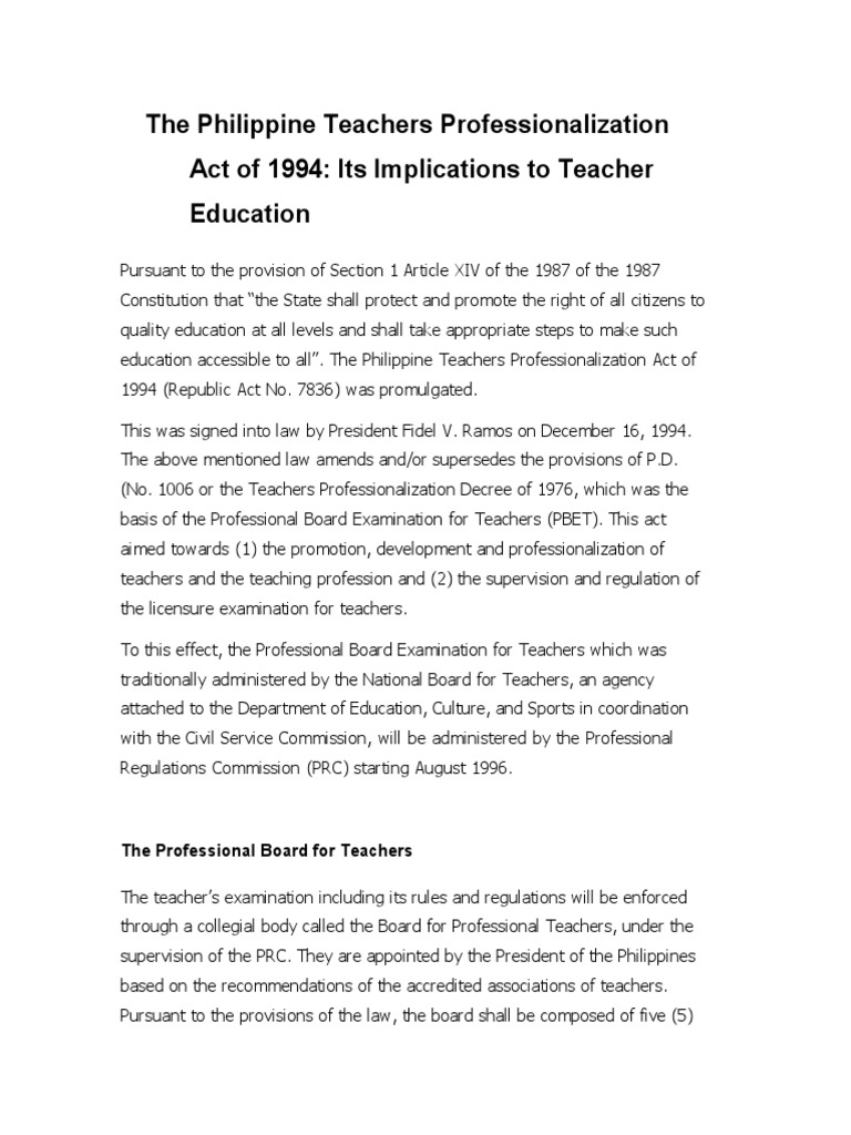 Philippine Teachers Professionalization Act | PDF | Licensure | Teachers