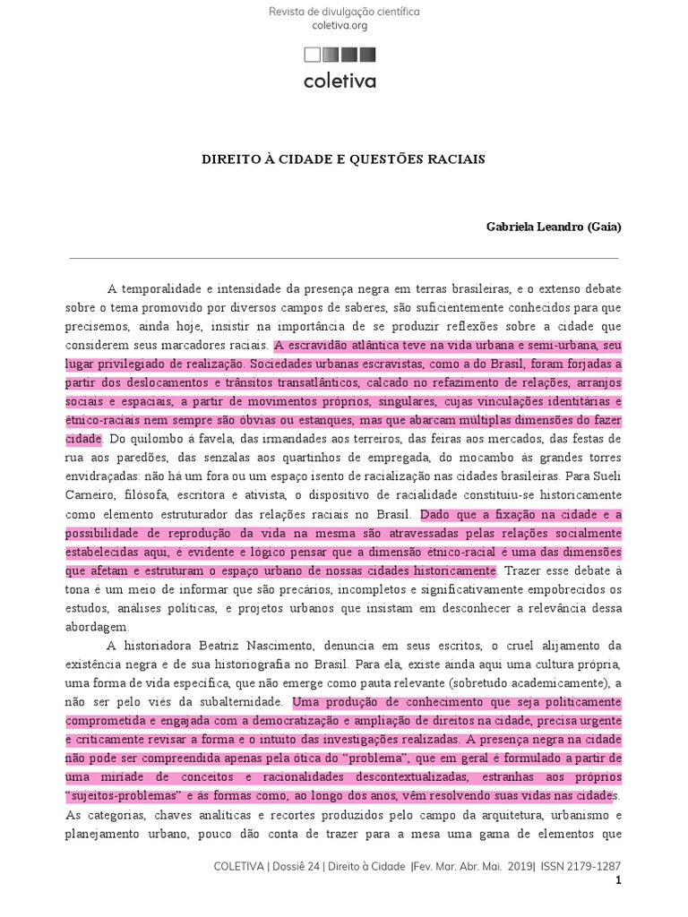 Gabriela Gaia - Direito À Cidade e Questões Raciais | PDF | Interseccionalidade | Cidade