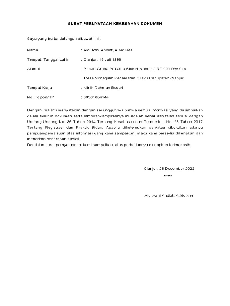 Surat Keabsahan Dokumen Aldi | PDF