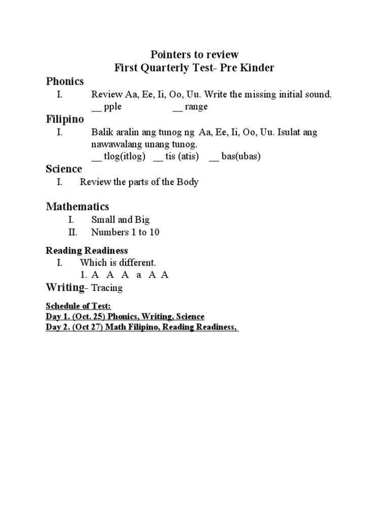 Pre-K Quarterly Test Review Guide | PDF