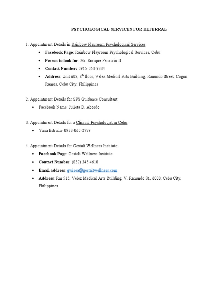 Psychological Services For Referral | PDF