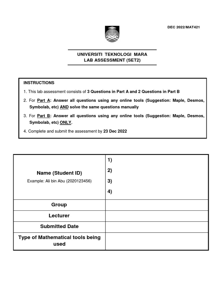 UiTM MAT421 Lab Assessment Guide | PDF