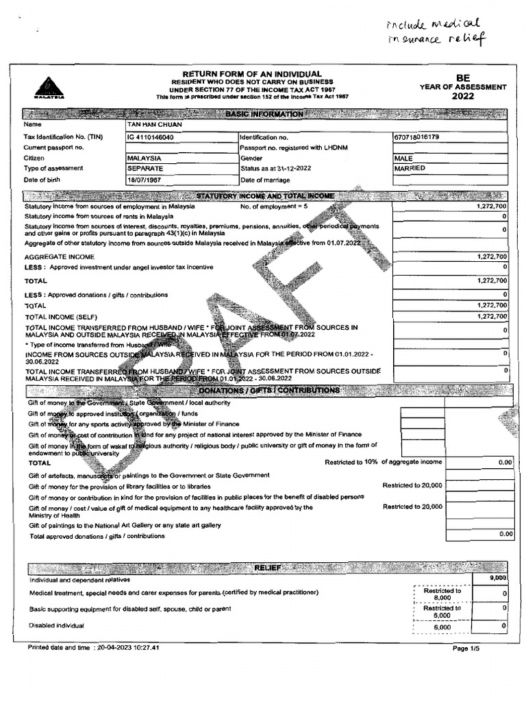 LHDN Form Be Ya2021 & Ya2022 | PDF | Taxes | Income