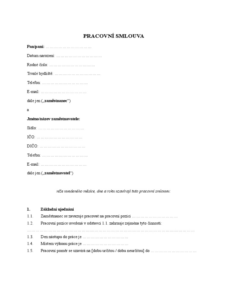 Pracovni Smlouva VZOR PDF | PDF