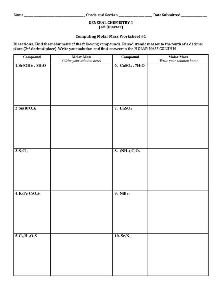 Stoichiometry and Molar Mass Worksheets | PDF