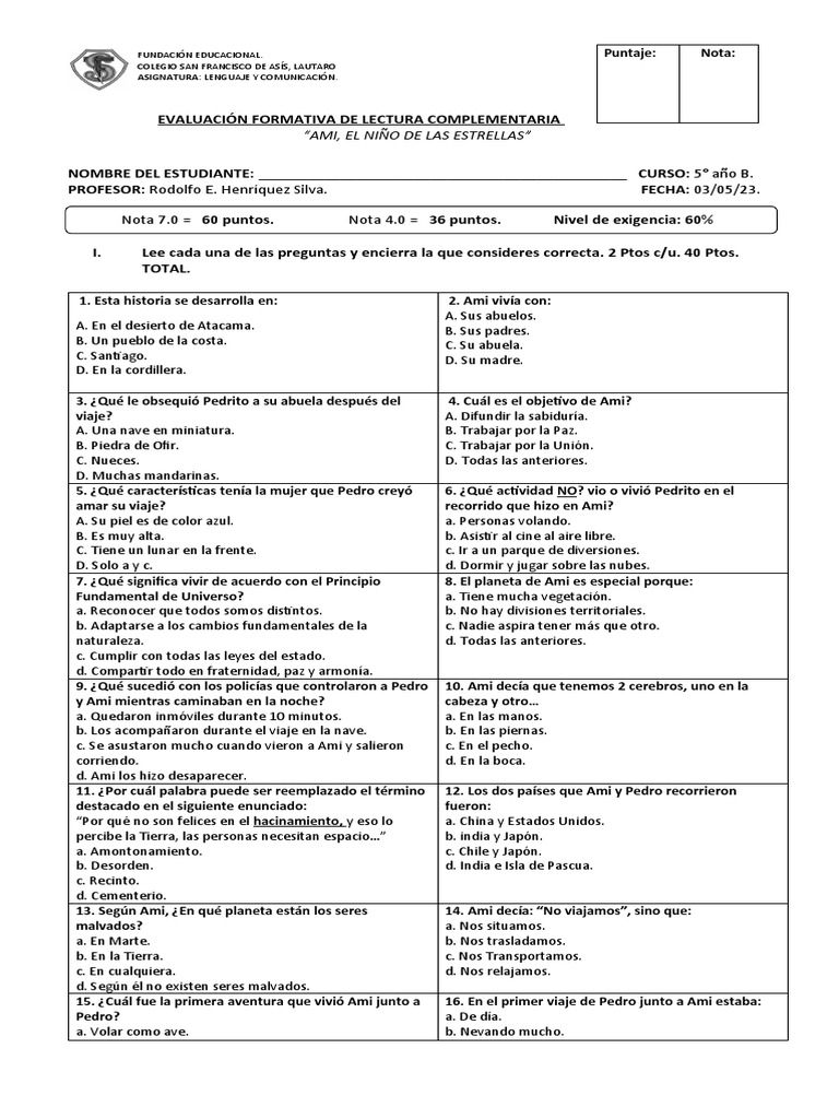 Prueba Ami, El Niño de Las Estrellas. 5° B | PDF