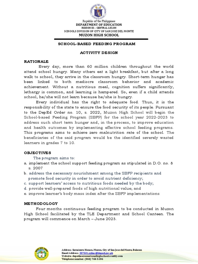 Sbfp-Activity Design - March | PDF | Malnutrition | Nutrition