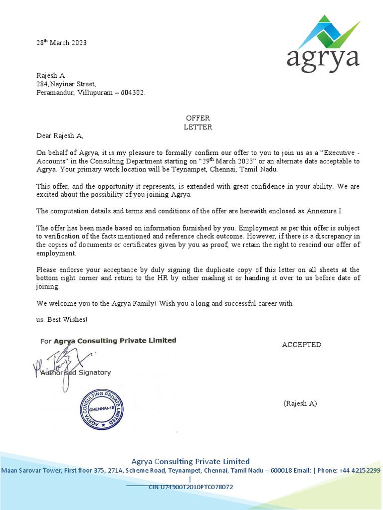 Agrya - Offer Letter - Rajesh A | PDF | Insurance | Employment