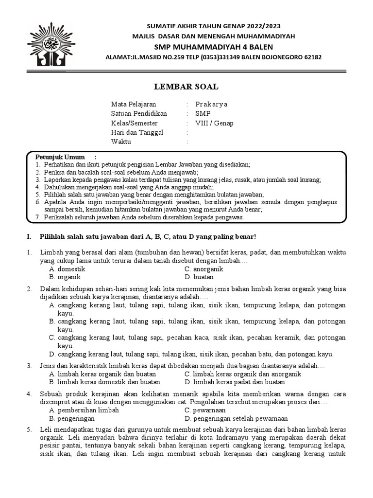 Soal Pat Prakarya Kelas 8 Sem 2 | PDF