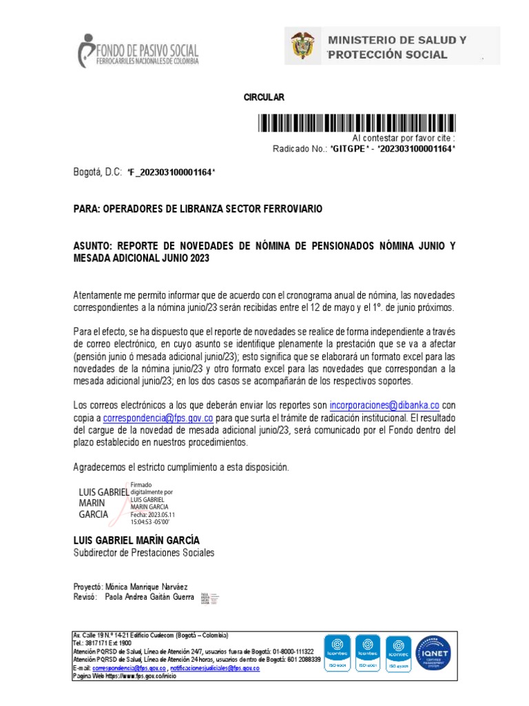 Circular Reporte Novedades Mesada Adicional Sector Ferroviario ...