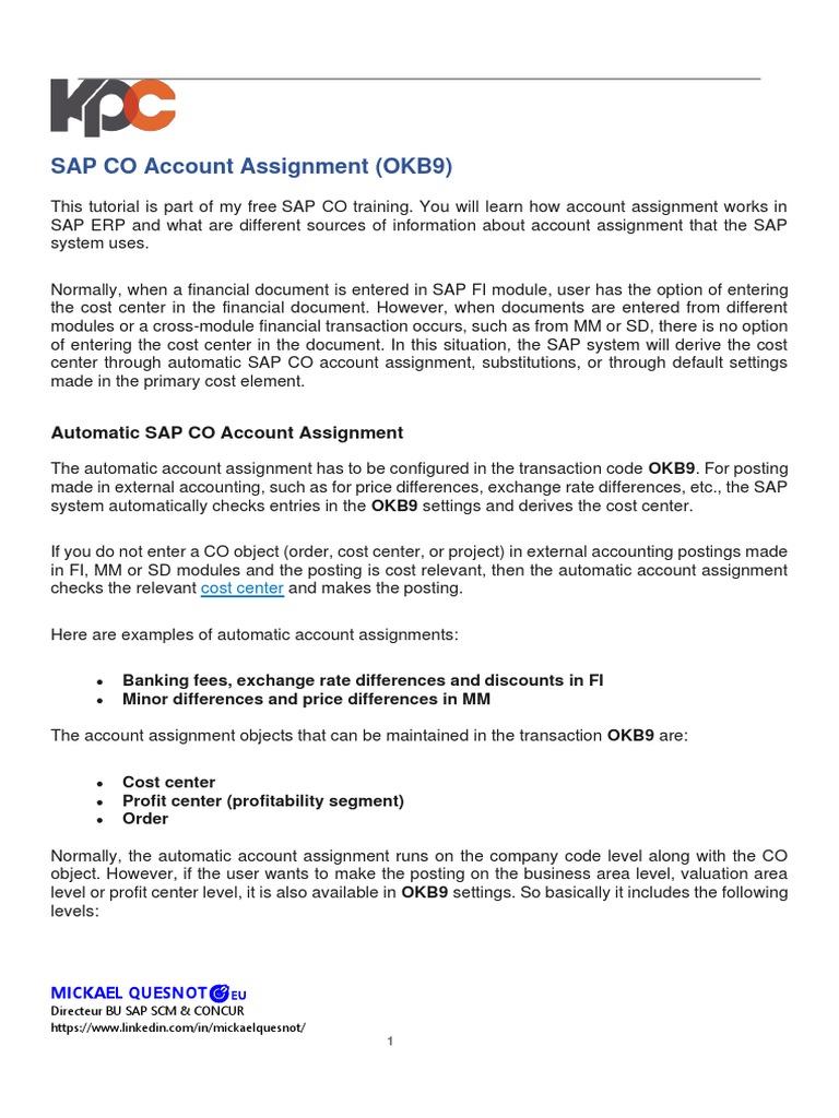 GU SAP ECC SAP CO Account Assignment OKB9 Docx 1670735177 | PDF