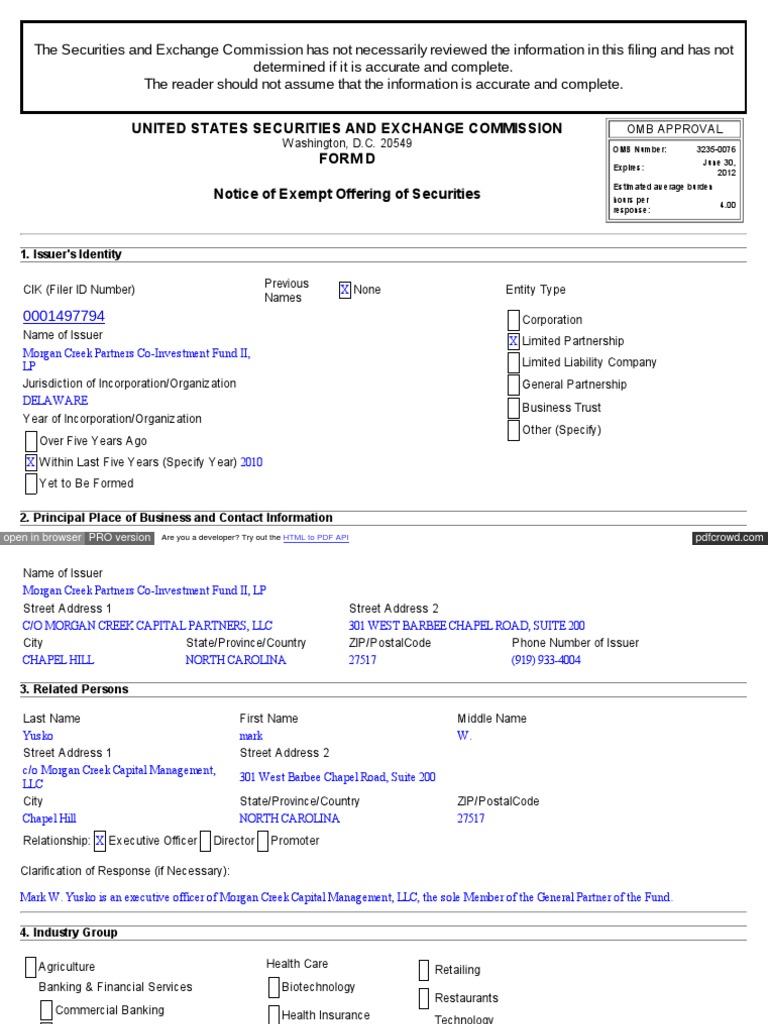 United States Securities and Exchange Commission Form D Notice of ...