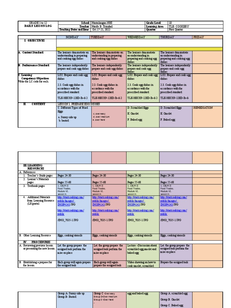 Grade 10 TLE Cookery Lesson Plan | PDF | Rubric (Academic) | Learning