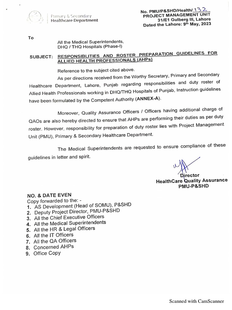 Duty Roster Guidelines For AHPs | PDF