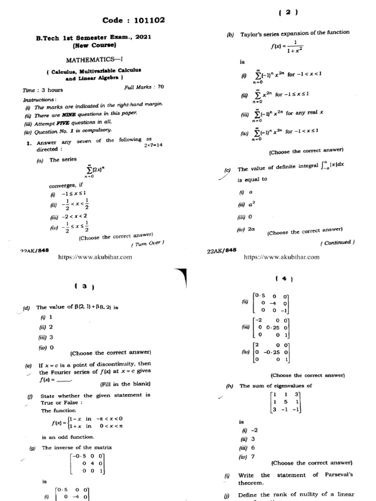 Btech 1 Sem Mathematics 1 Calculus Multivariable Calculus and Linear Algebra 101102 2021 | PDF