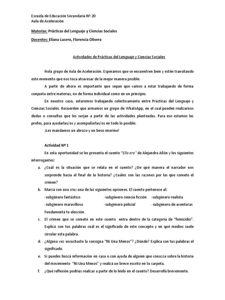 Actividad Con El Cuento "Ella Era" de Alejandra Añón. PDL - CS - SOC | PDF