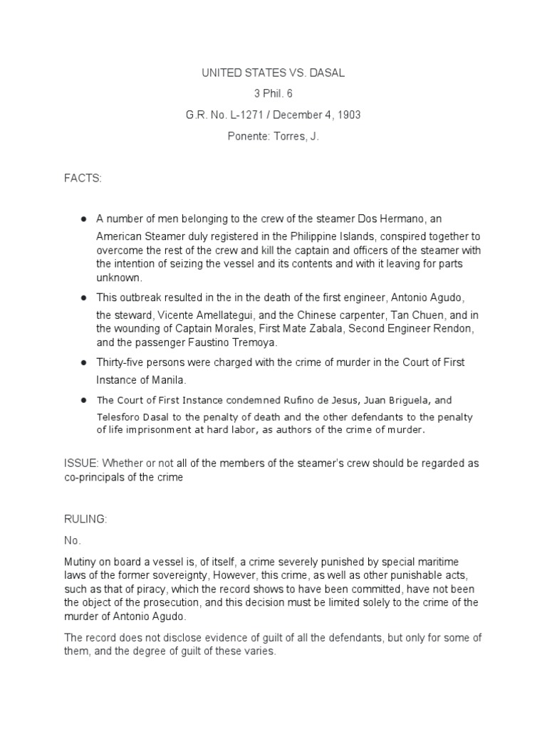 13) Article 122 US V DASAL (G.R. No. 1271. December 4, 1903.) | PDF