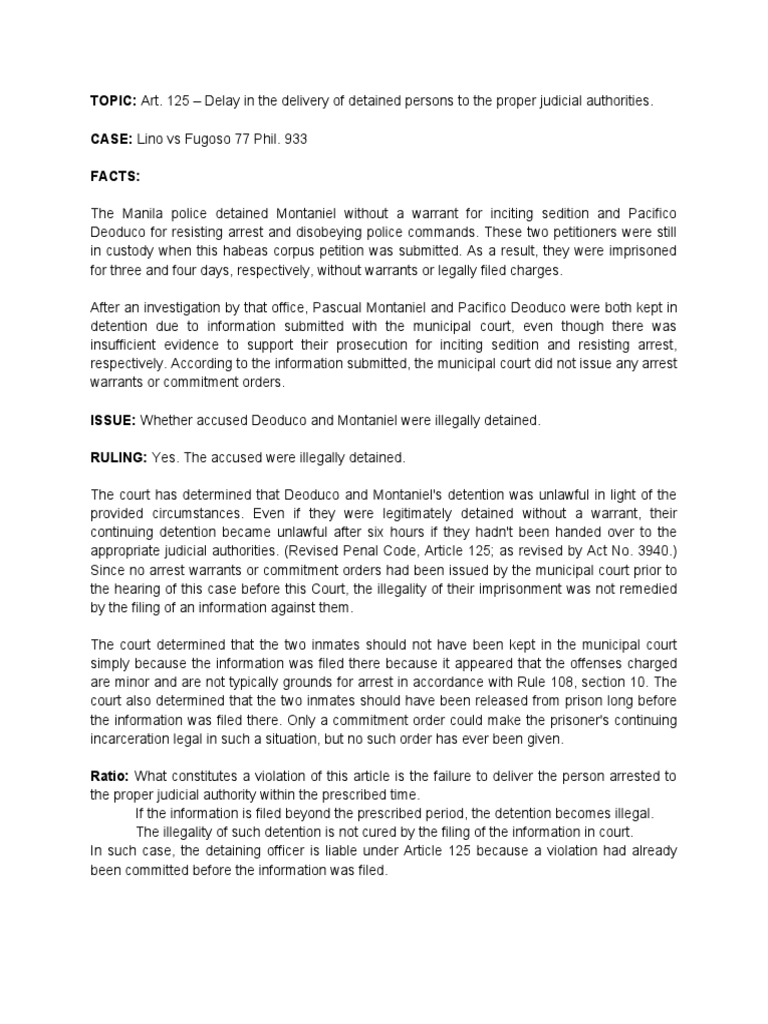 24.) Art.125 LINO Vs FUGOSO 77 Phil. 933 Case Digest | PDF | Detention ...