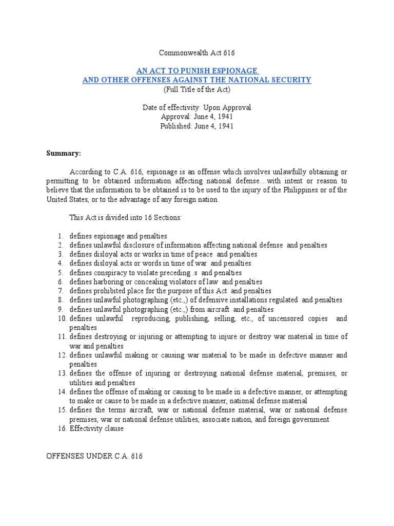 11) Commonwealth Act 616 | PDF | Crimes | Crime & Violence