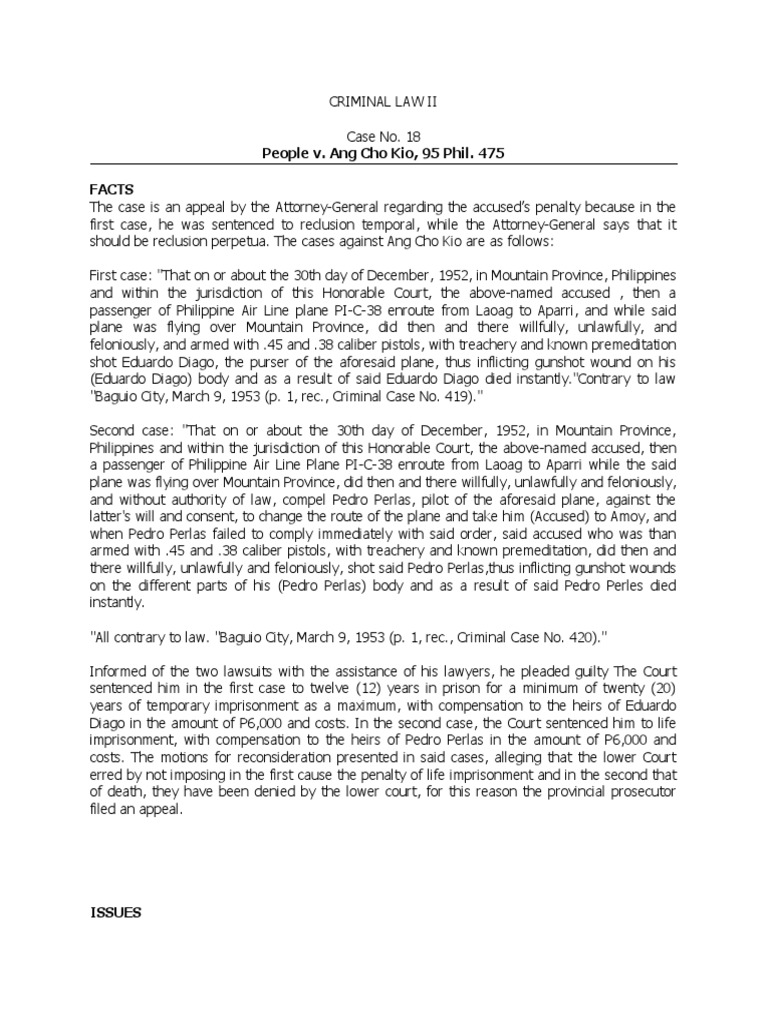 18.) 95 Phil. 475, People v. Ang Cho Kio | PDF | Murder | Crime & Violence