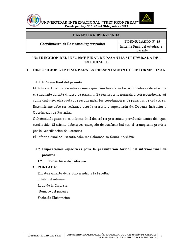 FORMULARIO 15 - Informe Final Del Estudiante - Pasantia | PDF | Planificación | Gestión de ...