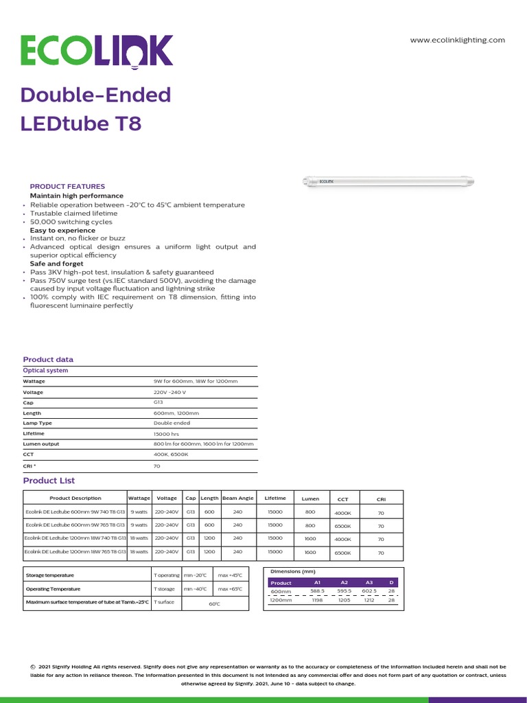 Ecolink Led Tube | PDF | Fluorescent Lamp | Electric Power