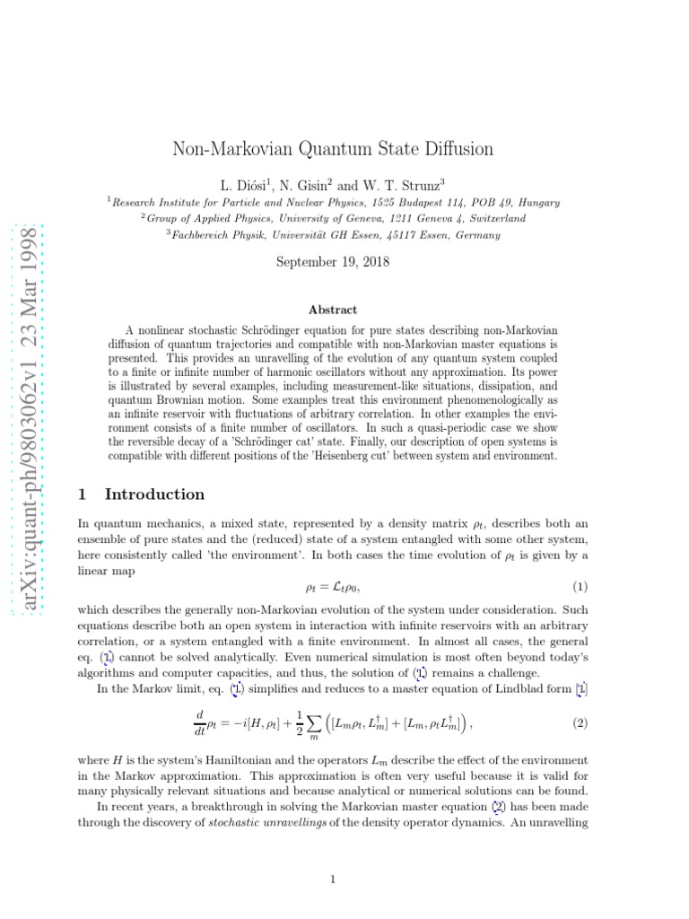 Non-Markovian Quantum State Diffusion | Download Free PDF | Markov ...