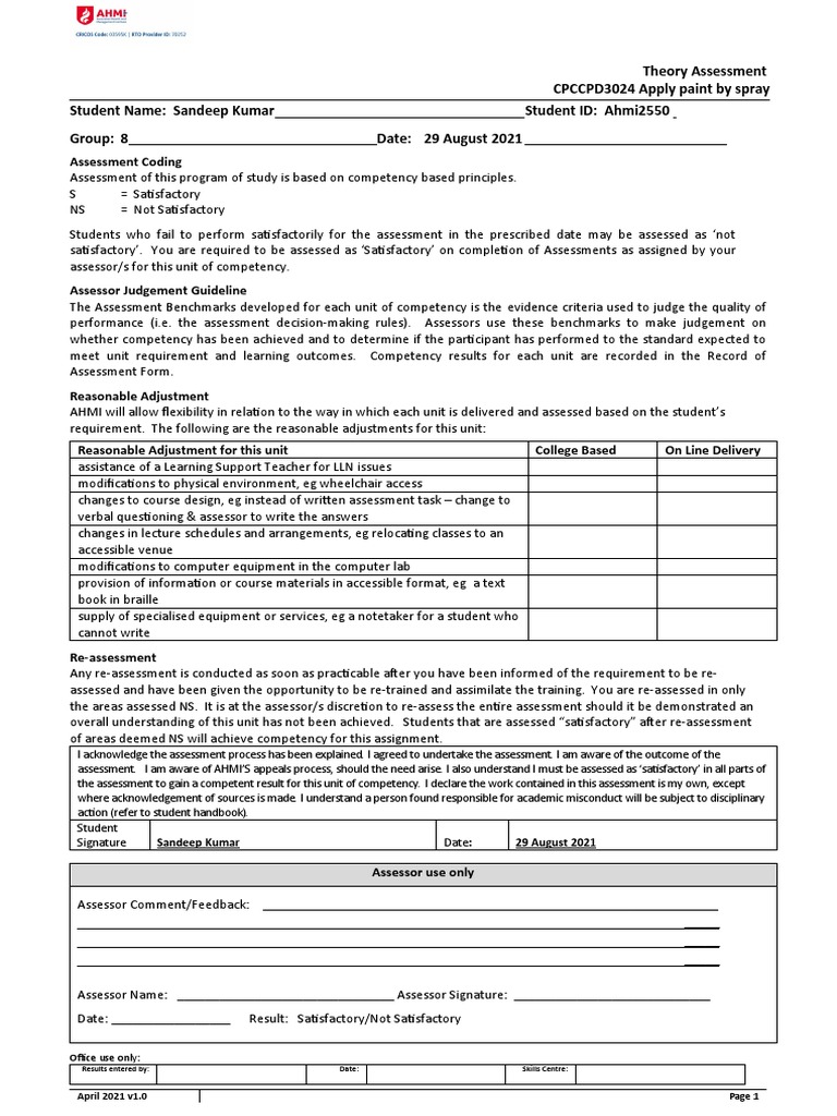 CPCCPD3024 Sandeep KumarTheory Assessment | Download Free PDF | Paint ...