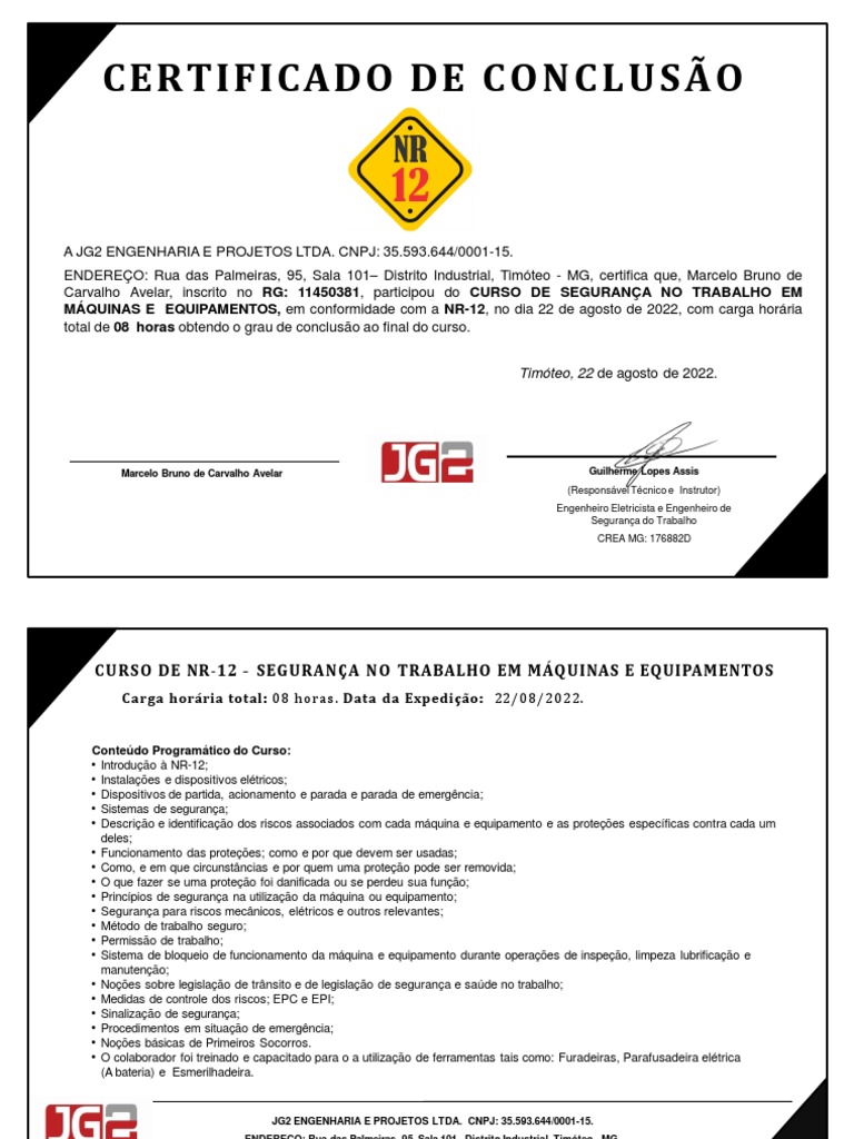 Modelo de Certificado Do Curso de NR 12 | PDF | Engenharia | Eletricista
