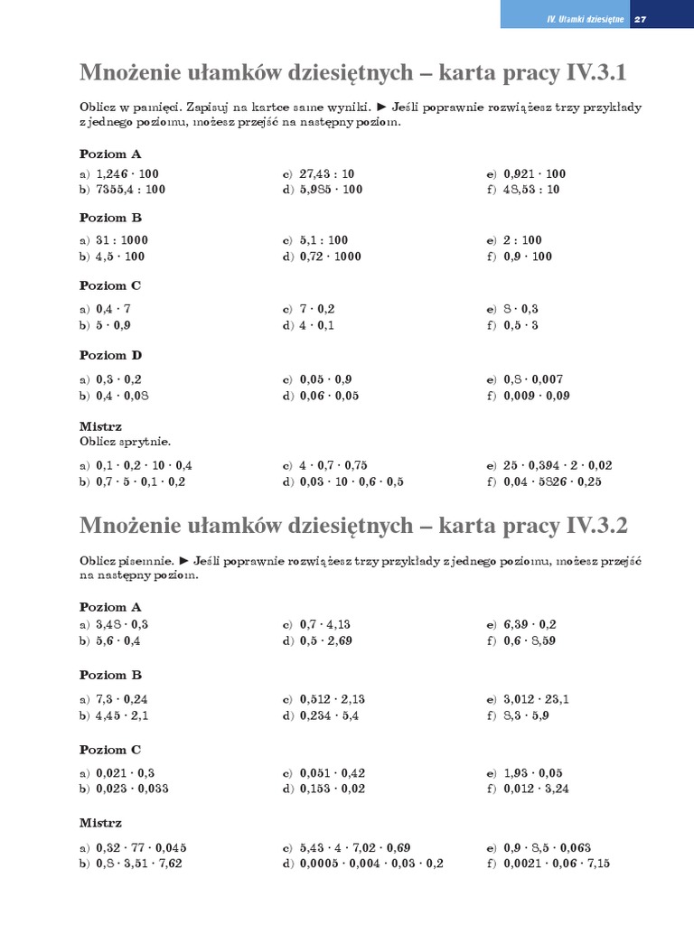 Karty Pracy 5iv3 Mnozenie Ulamkow Dziesietnych Karty Iv31 Iv32 | PDF Karty Pracy 5iv3 Mnozenie Ulamkow Dziesietnych Karty Iv31 Iv32 | PDF