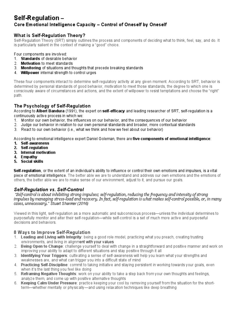 Self Regulation Handout | PDF | Self-Management | Self Control