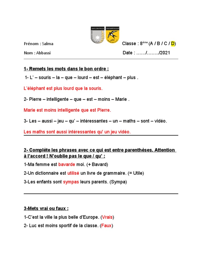 Comparatif - Exercices Notés | PDF
