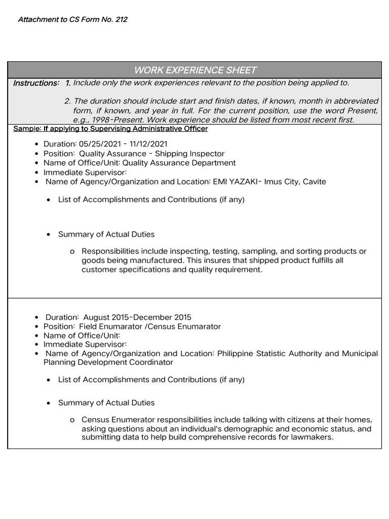 Work Experience Sheet Template | PDF