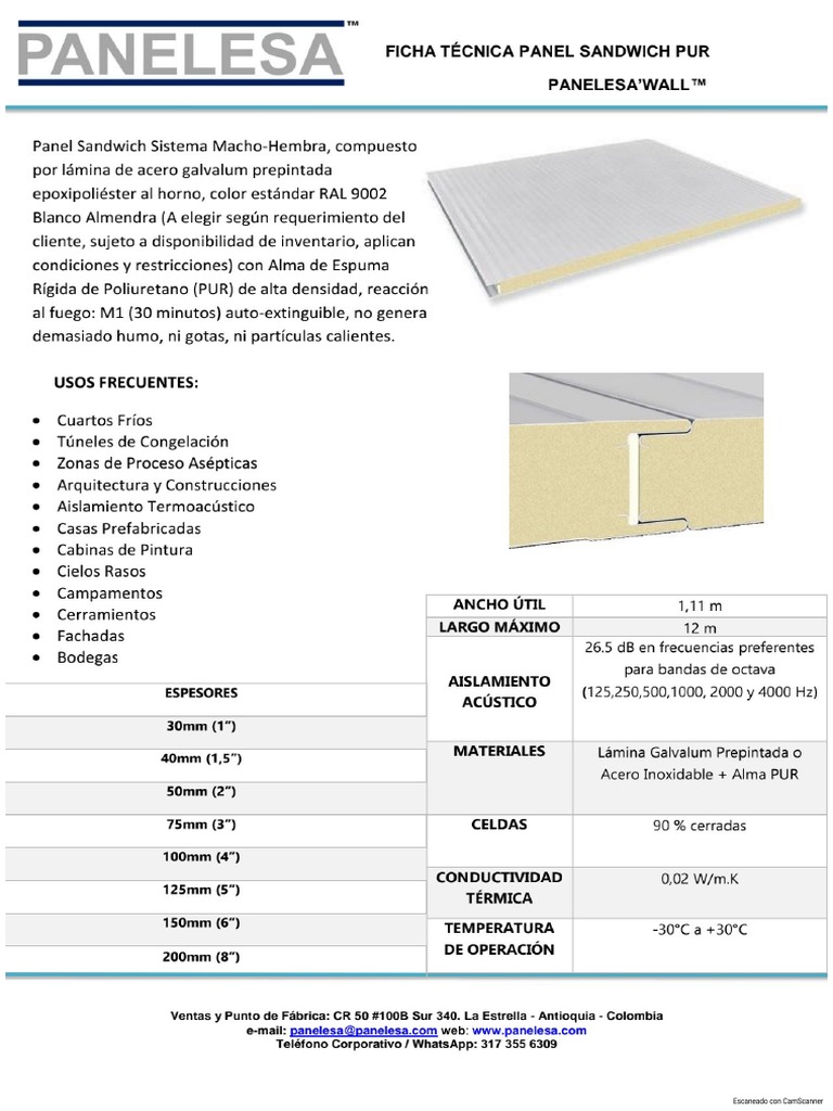 Ficha Tecnica Panel Sandwich Pur Panelesa | PDF