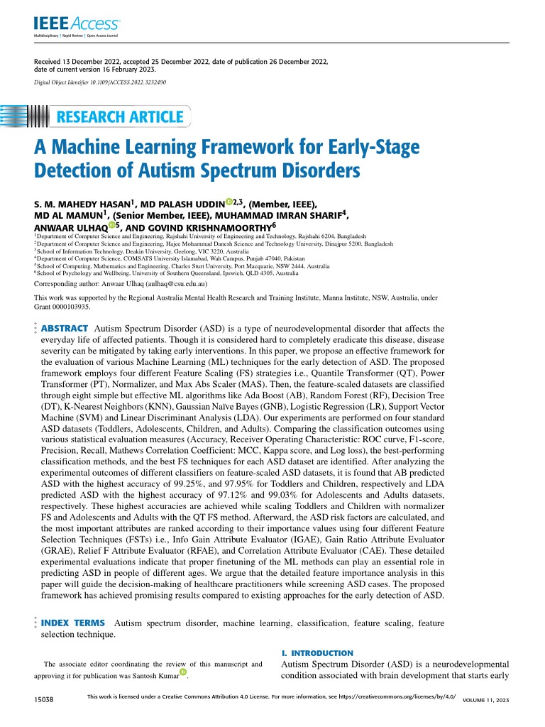 A Machine Learning Framework For Early-Stage Detection of Autism Spectrum Disorders | PDF ...