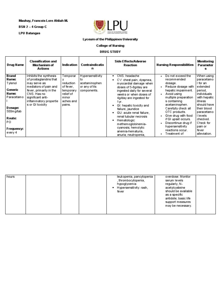 Drug Study Paracetamol | PDF | Pharmaceutical Sciences | Health Care