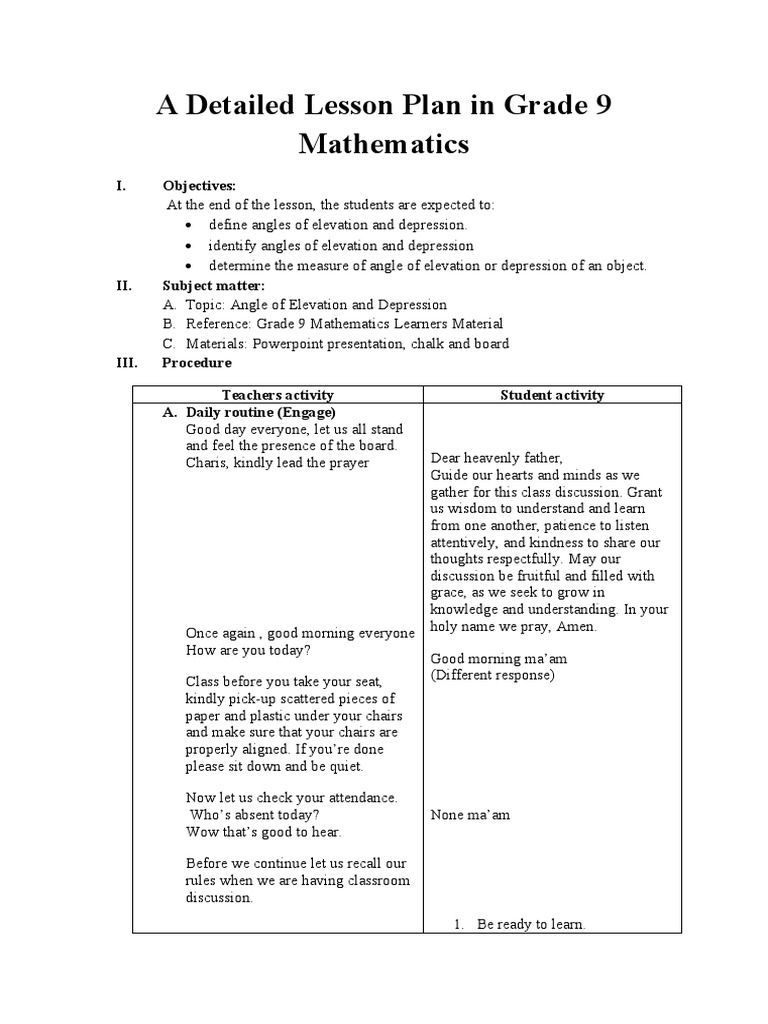 DLP in Angle of elevation and depression | PDF | Trigonometric Functions | Cognitive Science