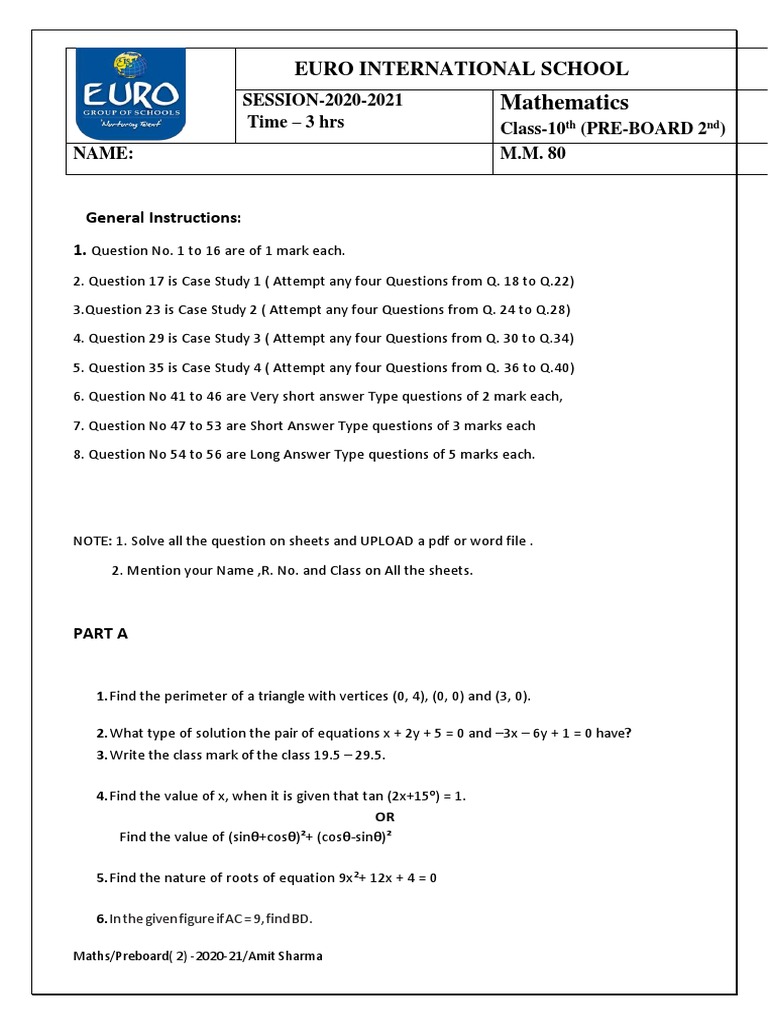 Class 10 Maths Preboard Exam 2020-21 | PDF | Circle | Sphere