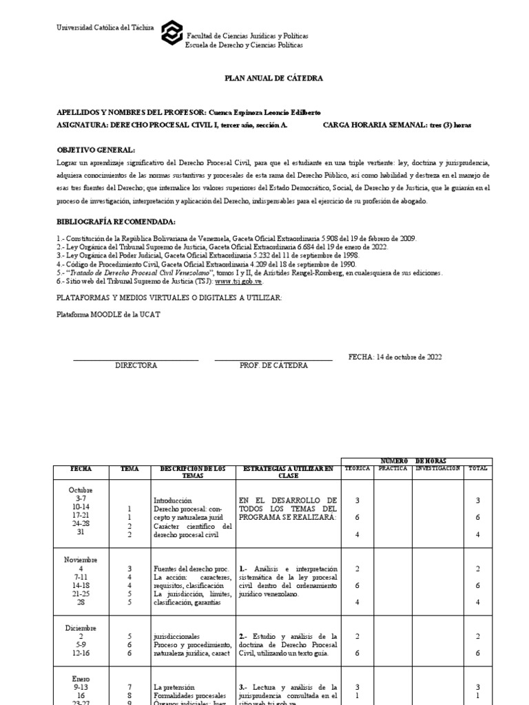 Ucat 3A, Derecho Procesal Civil I, PLAN ANUAL DE CATEDRA 2022-2023 | PDF