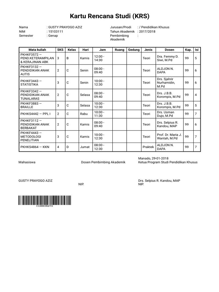 Kartu Rencana Studi (KRS) - UNIMA Learning Management Services | PDF