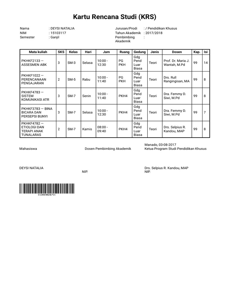 Kartu Rencana Studi (KRS) - UNIMA Learning Management Services | PDF