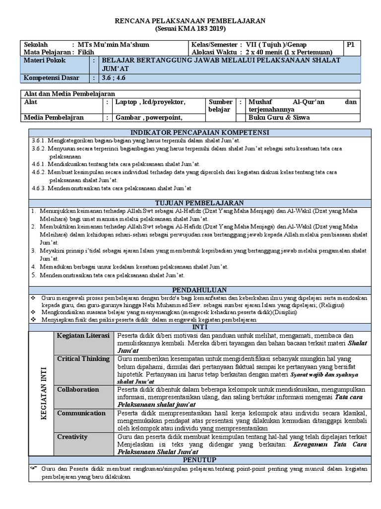 RPP FIkih Kelas 7 Sem 2 | PDF