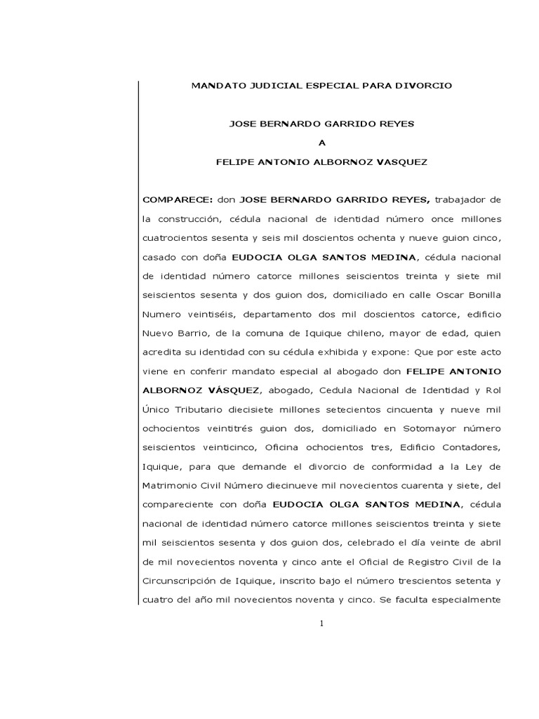 Mandato Judicial Especial para Divorcio | PDF | Divorcio ...