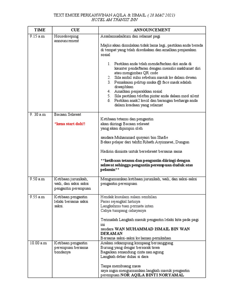 TEKS EMCEE KAHWIN AQILA ISMAIL 28 Mac | PDF