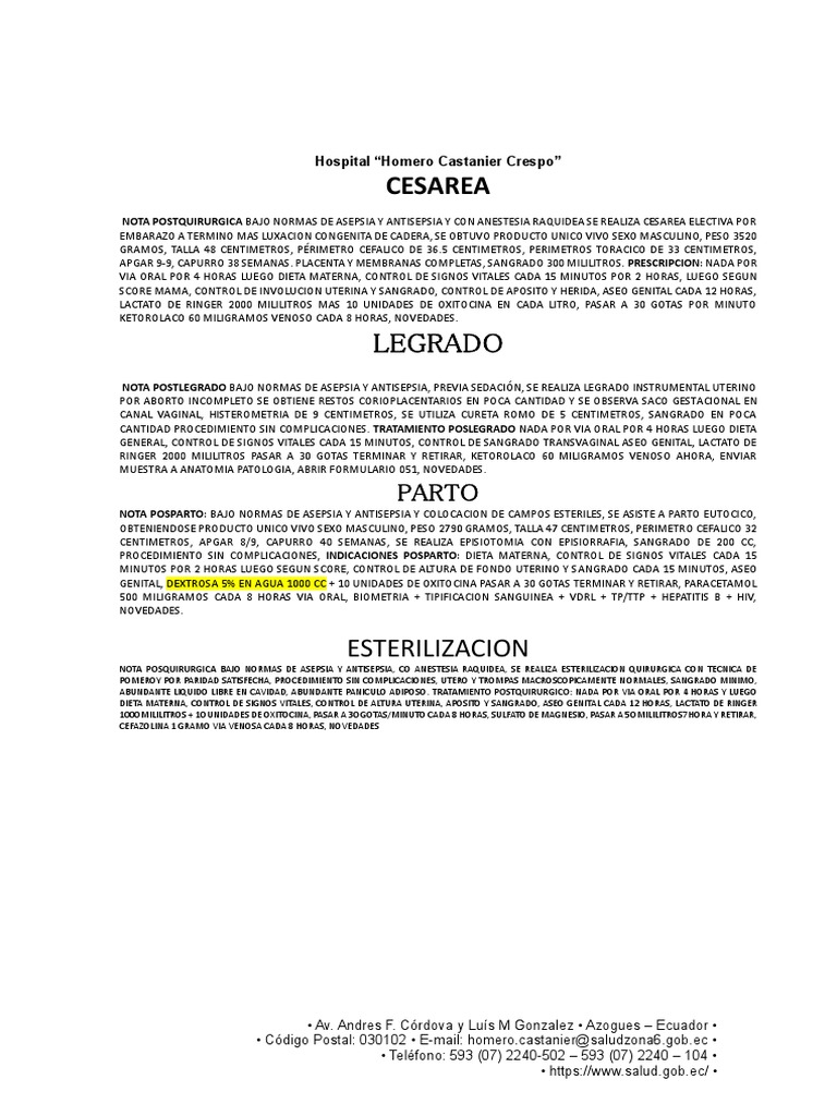 Ejemplos de Notas Postquirurgicas | PDF | Parto | La salud de la mujer